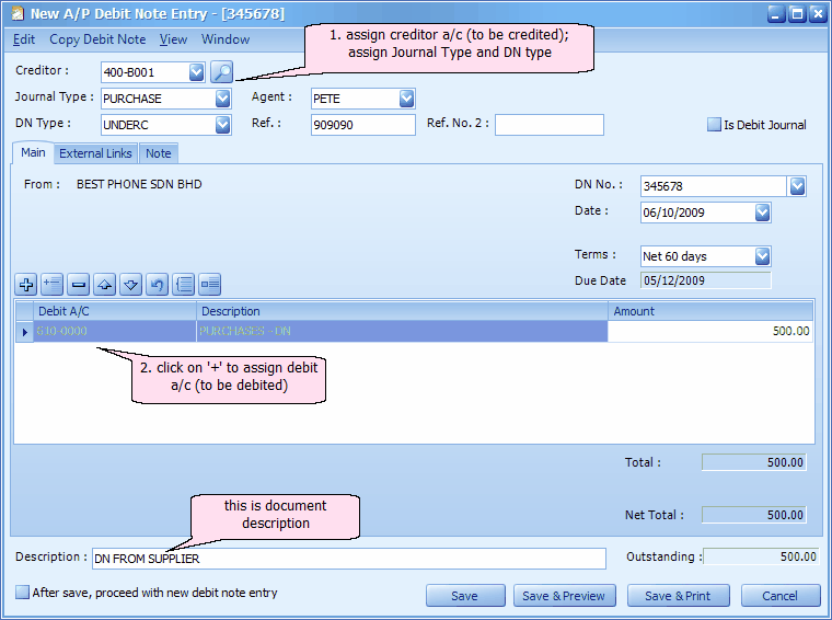 A P Debit Note Entry A P Debit Note Entry